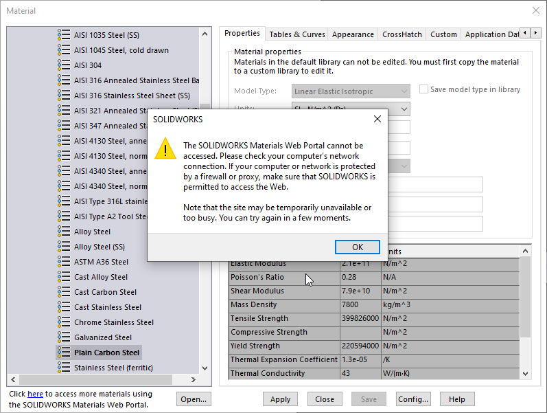 How to resolve SOLIDWORKS warning "The SOLIDWORKS Materials Web Portal ...