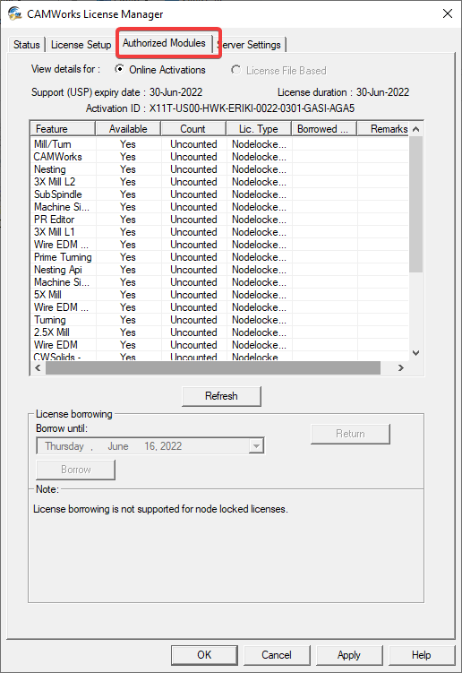CAMWorks Online License Activation – Standalone – Hawk Ridge Systems Support