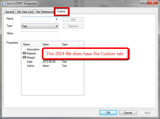 SOLIDWORKS File Properties Custom Tab Visibility Hawk Ridge Systems 