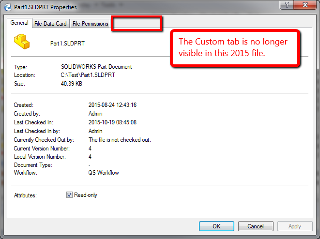 SOLIDWORKS File Properties Custom Tab Visibility Hawk Ridge Systems 